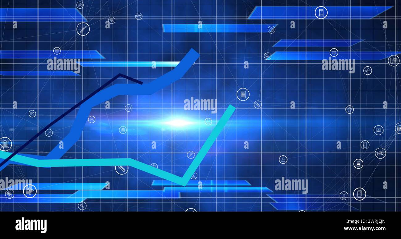 Image of blue lines recording and digital icons on blue background ...