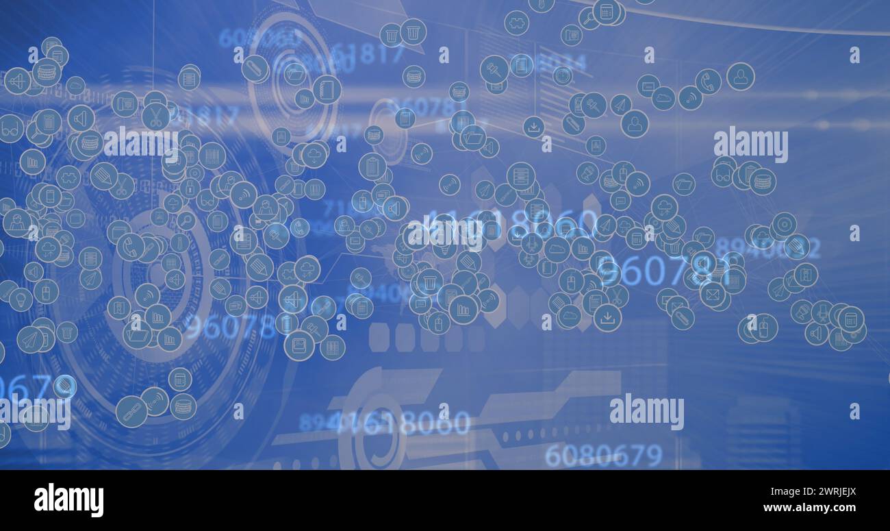 Image of digital icons, numbers changing and scopes scanning on blue ...