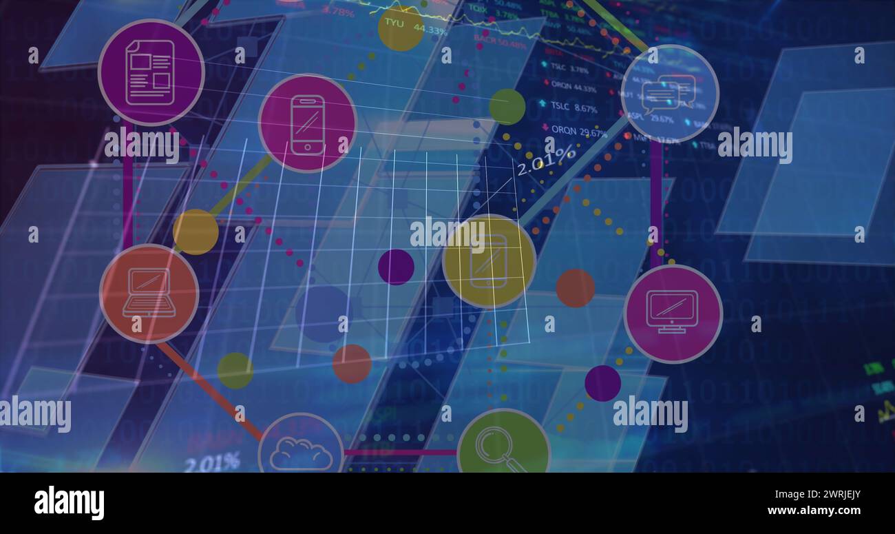 Image of network of connections with digital icons and data processing ...