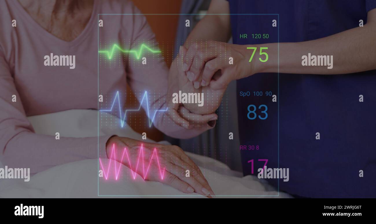 Image of medical vital signs data over female doctor examining hand of ...