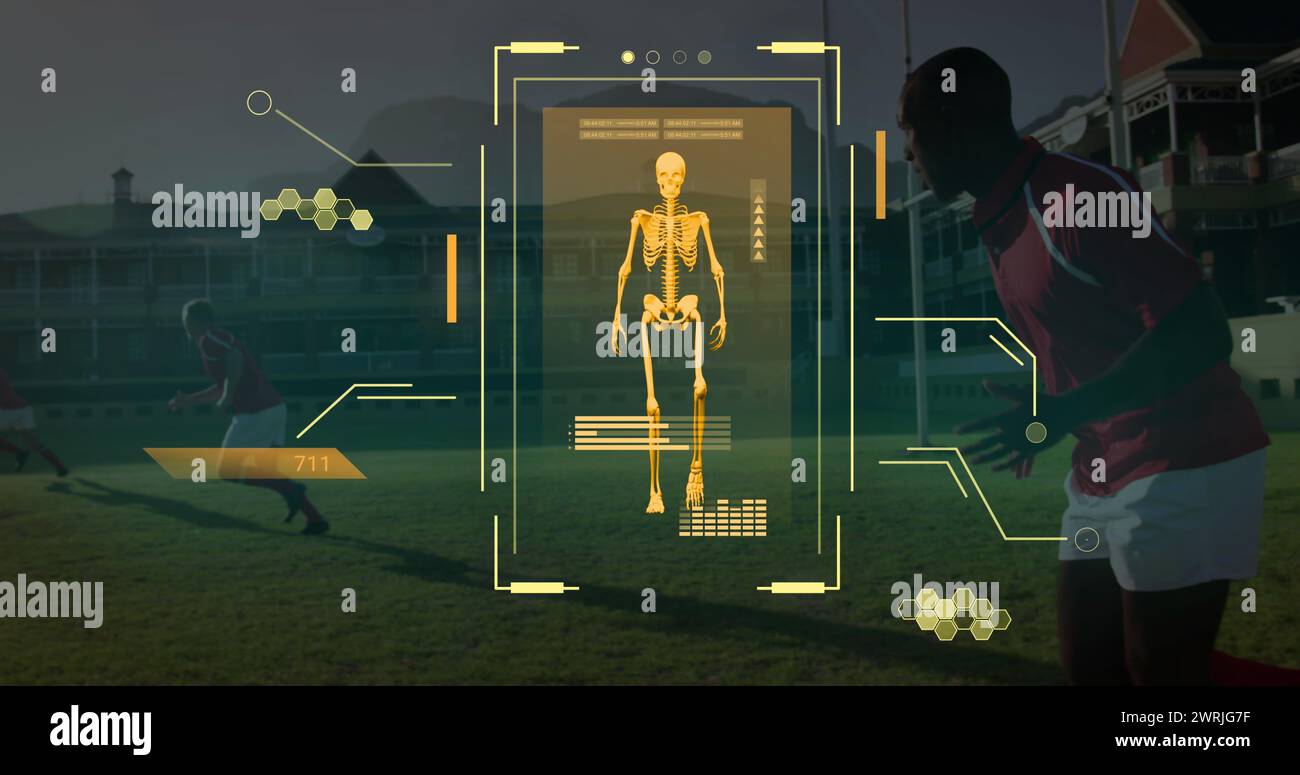 Image of data processing over diverse male football players. Global ...