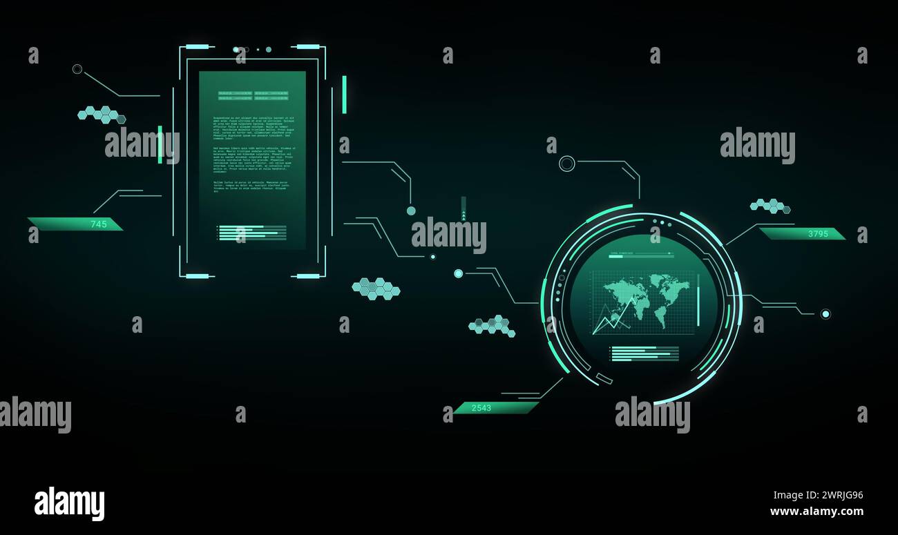 Image of data processing with world map over black background Stock ...