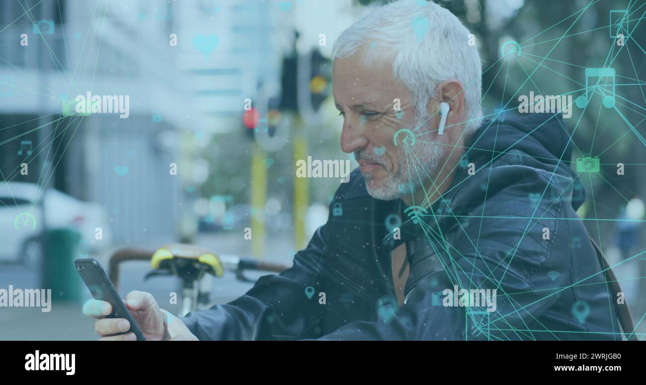 Image of social media icons and network of connections over senior man ...