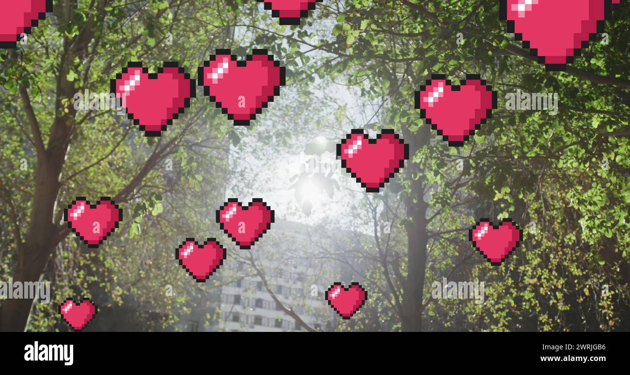Pixelated hearts float in a sunlit outdoor setting Stock Photo - Alamy