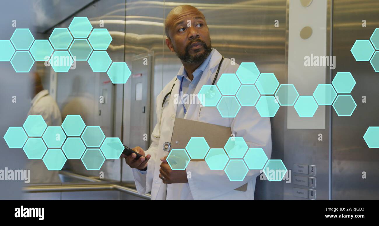 Image of cell structures processing data over african american male ...