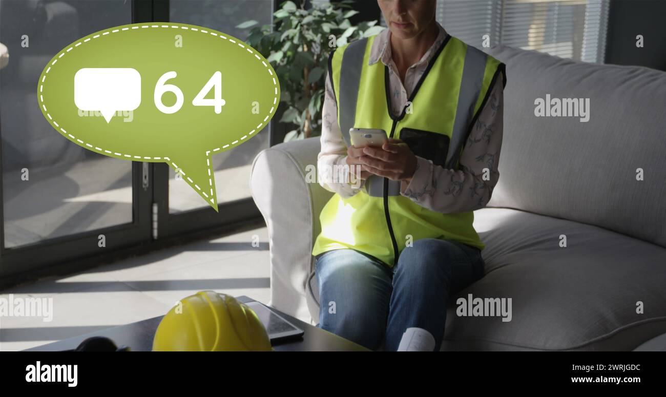 Female worker in safety vest texts on couch, message count visible ...