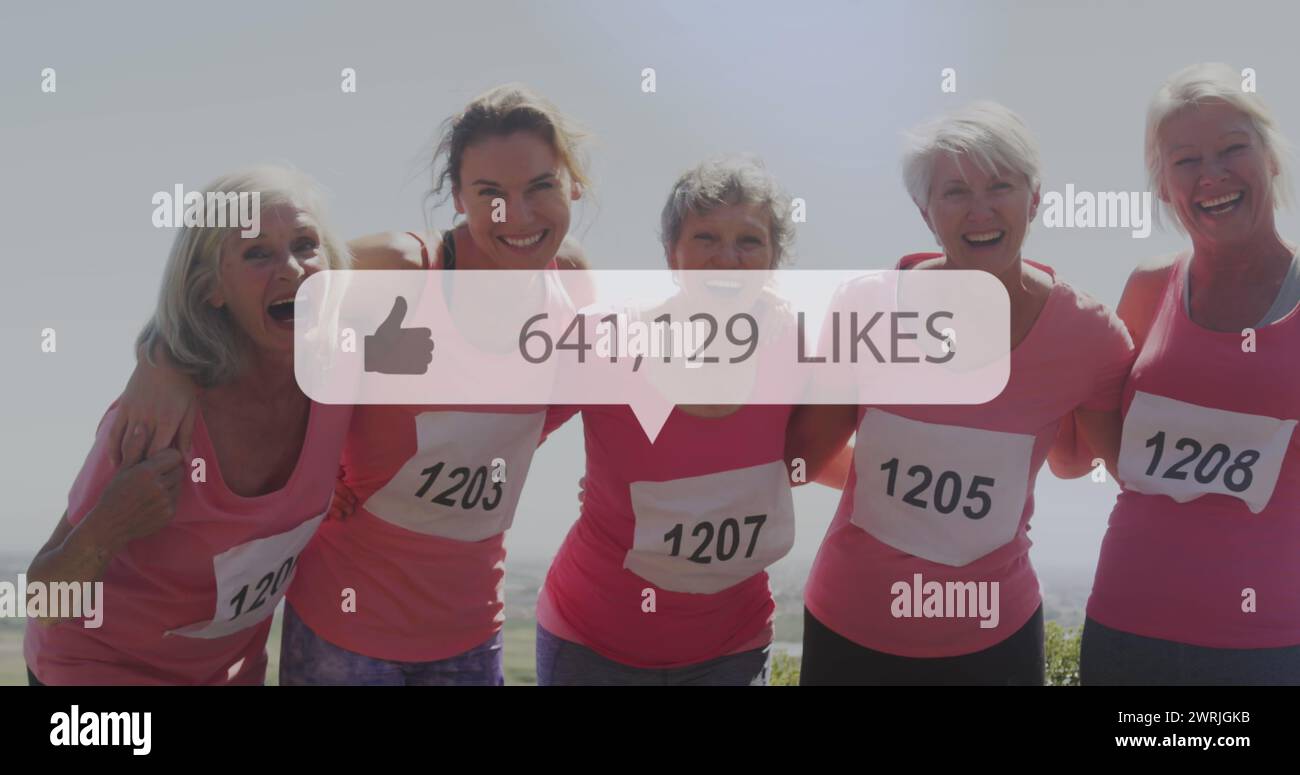 Image of like notification, with rising number, over female runners ...