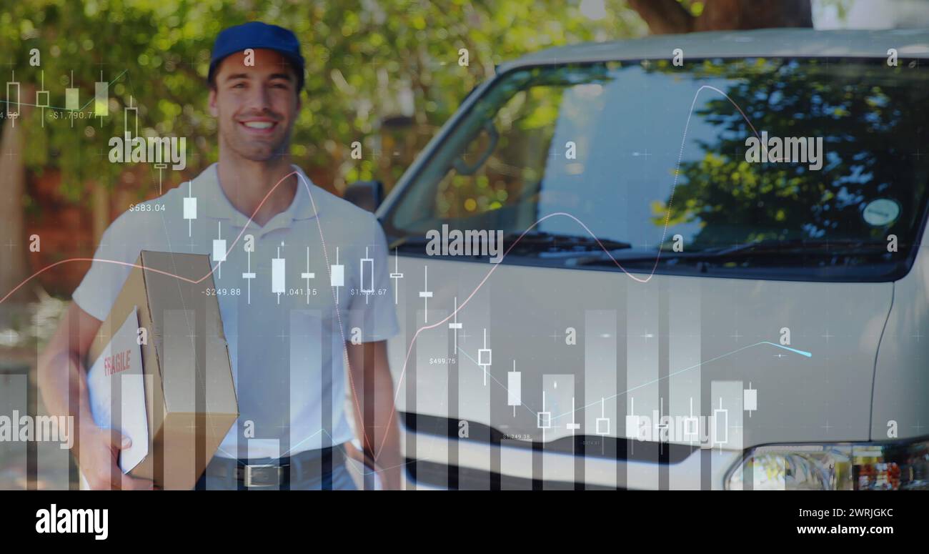 Front view of a Caucasian deliveryman walking forward holding a package ...