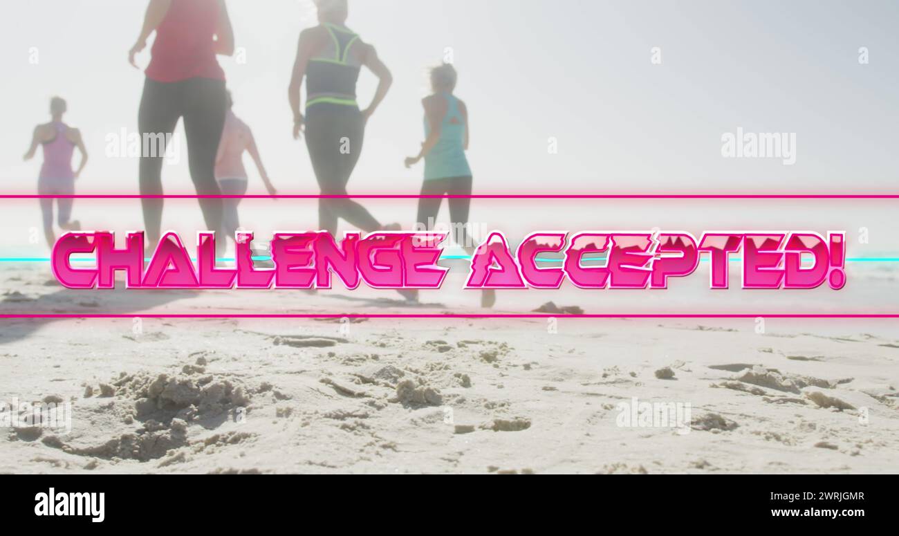 Image of text challenge accepted, in shiny pink, over women running on ...