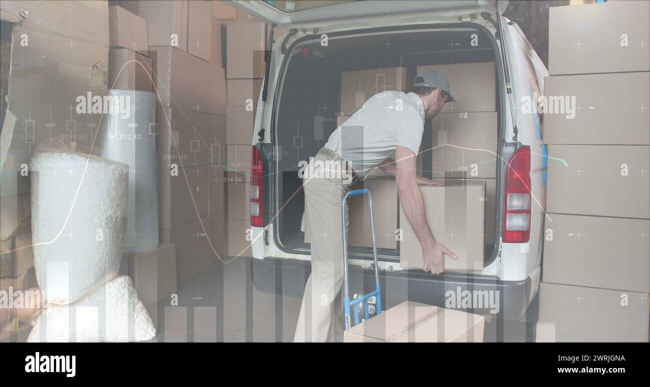 Rear view of a deliveryman loading packages in the back of a van Stock ...