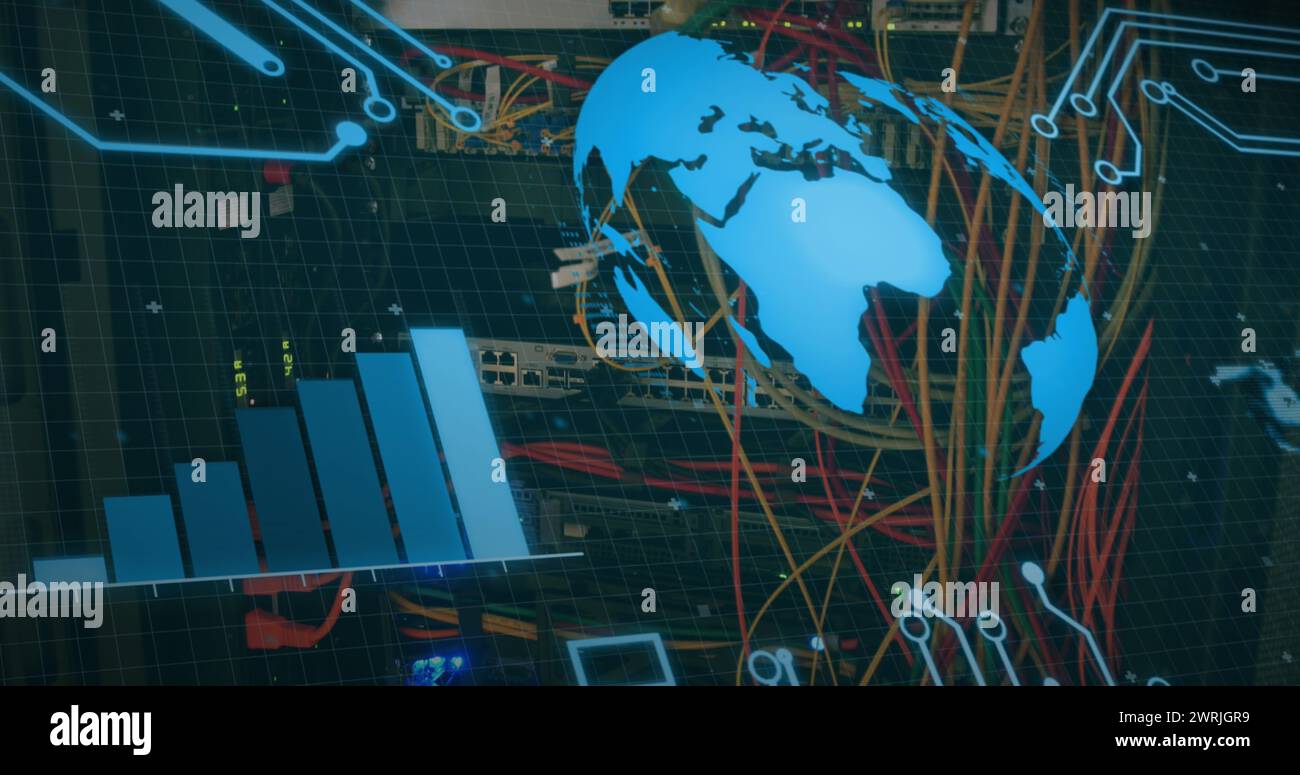 Image of globe spinning and data processing over cables in computer server Stock Photo - Alamy