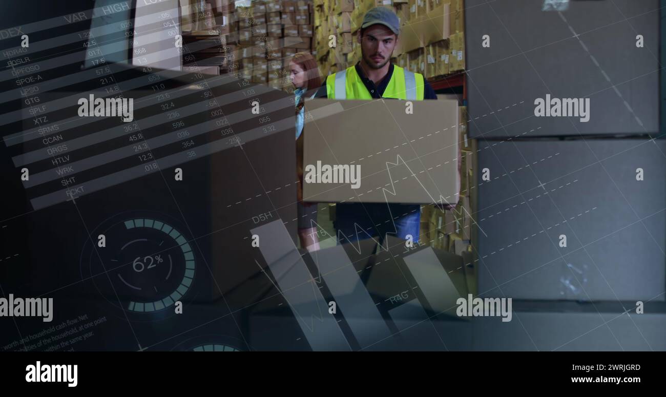 Front view of a warehouse worker loading packages in the back of a ...