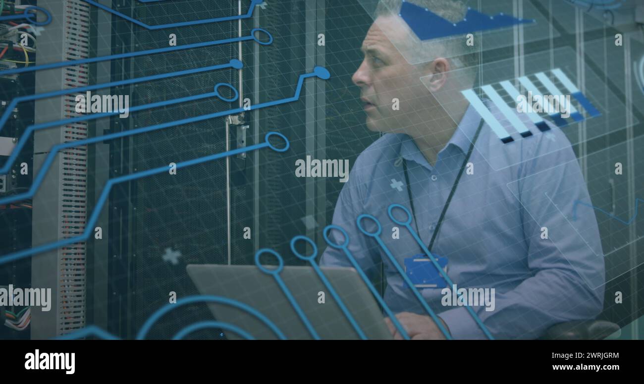 Image of scan scoping over caucasian male server room worker Stock ...