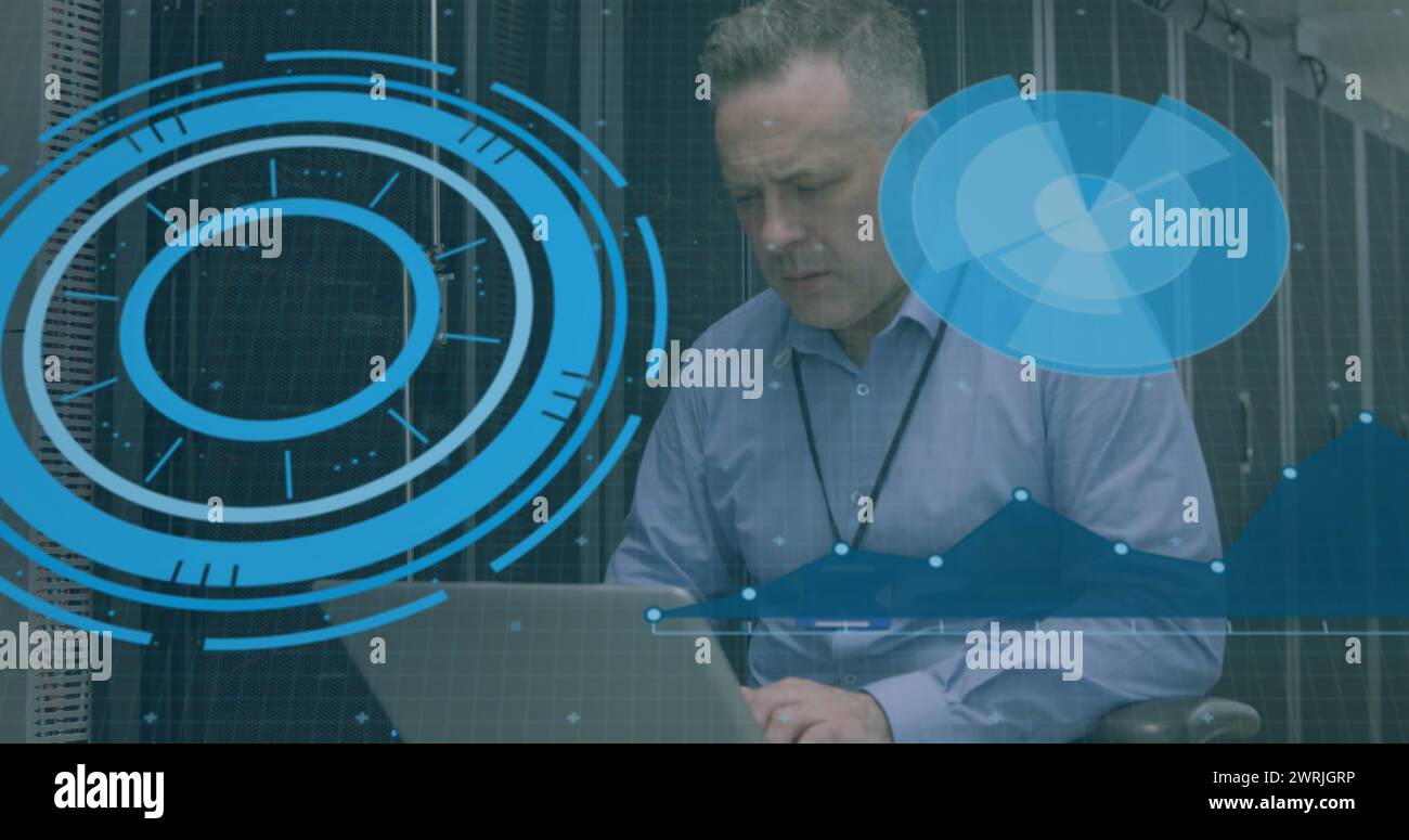 Image of scan scoping over caucasian male server room worker Stock ...