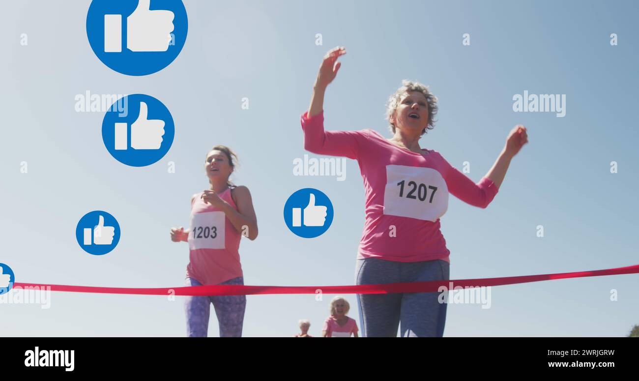 Image of social media thumbs up like symbols, over female runners ...