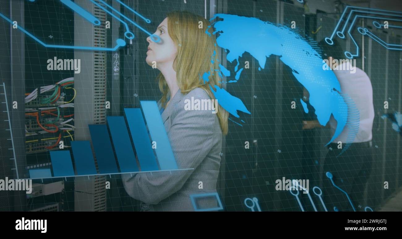 Image of globe, data processing over caucasian it man and woman fixing computer server Stock ...