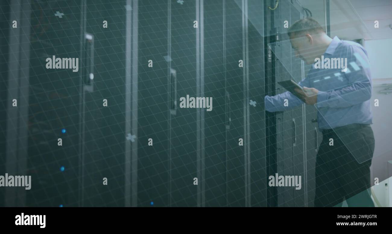 Image of circuit board and data processing over caucasian it man fixing computer server Stock ...