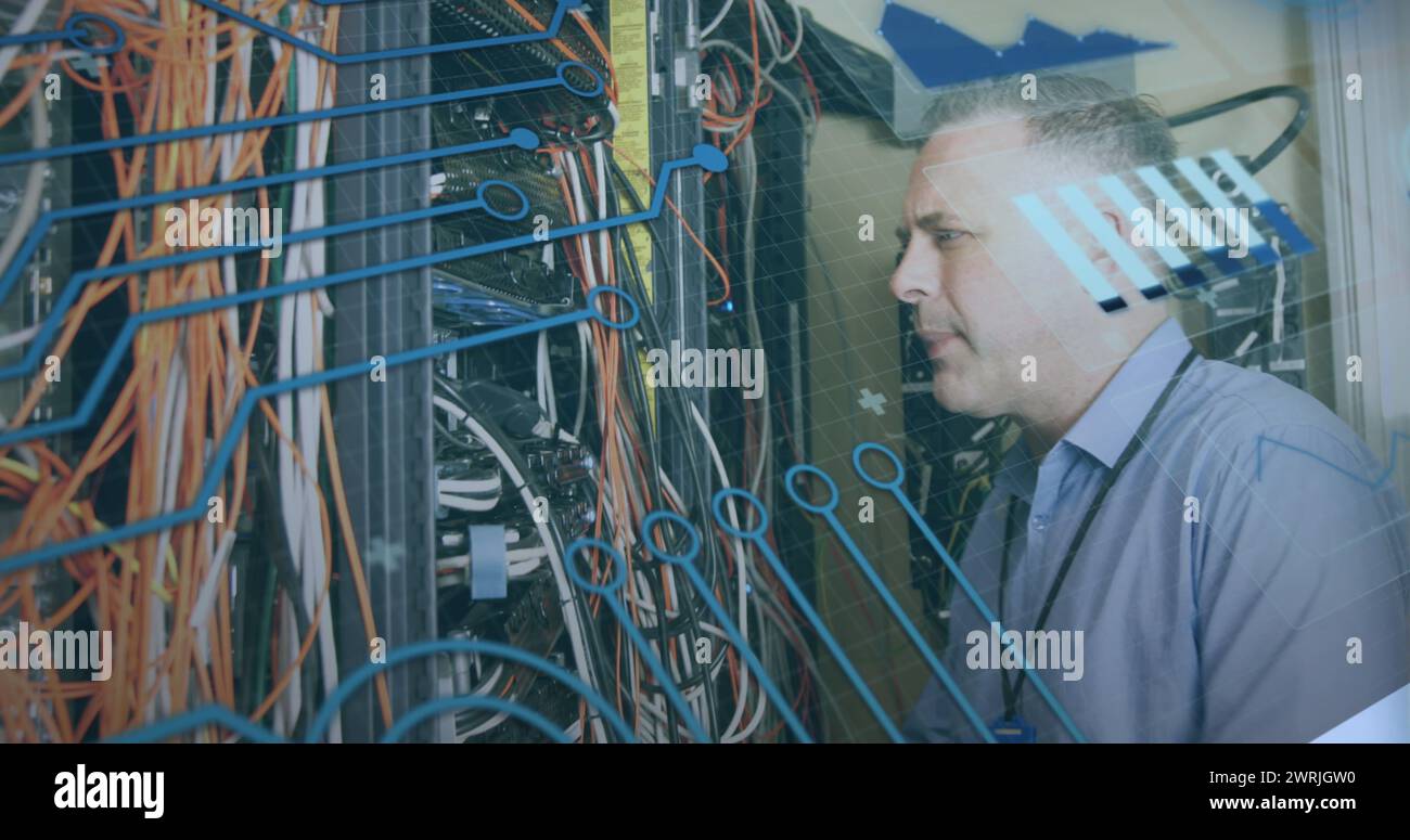 Image of circuit board and data processing over caucasian it man fixing computer server Stock ...