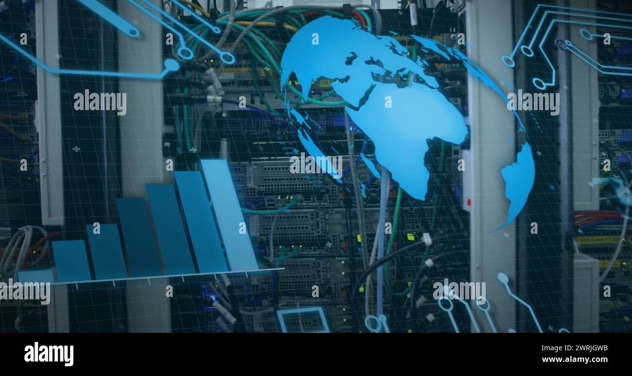 Image of globe spinning and data processing over cables in computer server Stock Photo - Alamy
