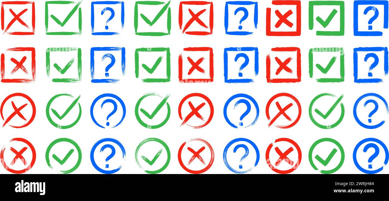 Dirty grunge cross x, tick OK and question check marks in check boxes ...