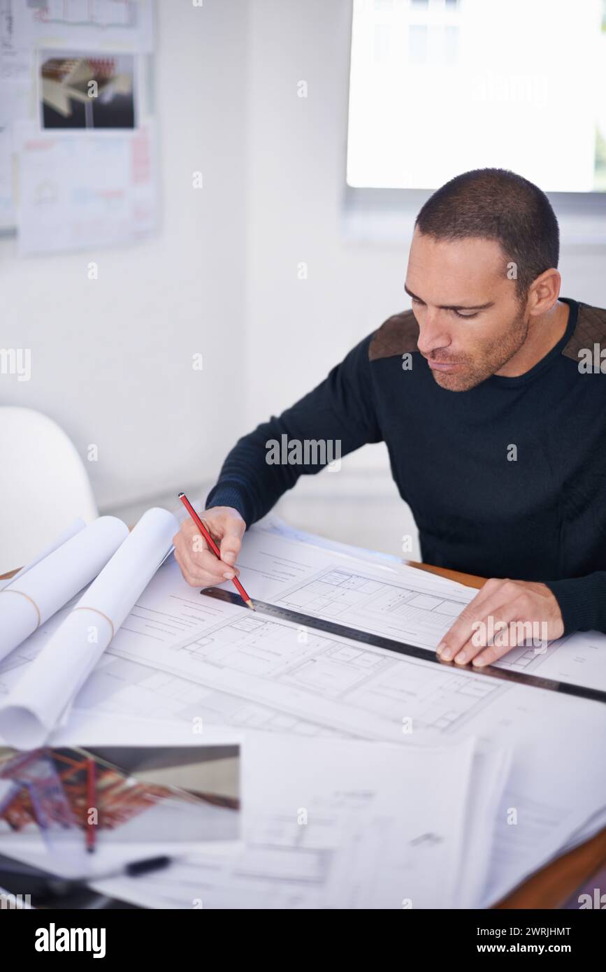 Man, architect and floor plan or drawing design as property blueprint ...