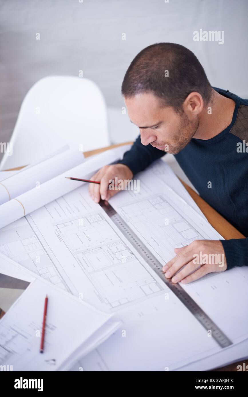 Man, architect and floor plan or building draft as blueprint design ...