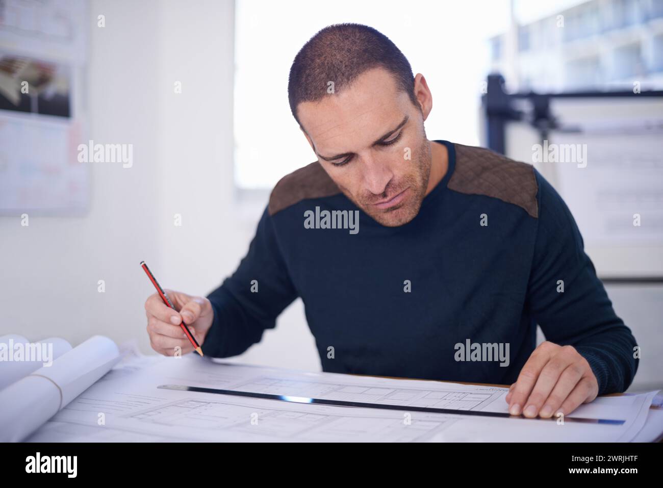 Man, architect and floor plan or drawing contractor as blueprint design ...