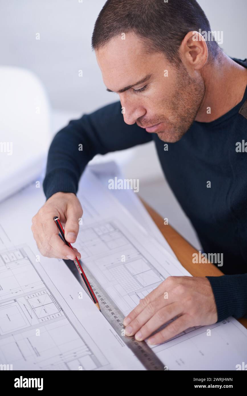 Man, architect and floor plan or drawing building as blueprint design ...