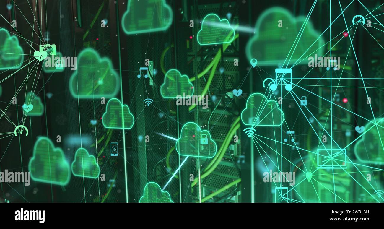 Image of cloud icons and data processing over computer servers Stock Photo - Alamy