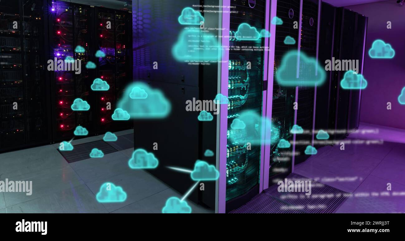 Image of cloud icons and data processing over computer servers Stock Photo - Alamy