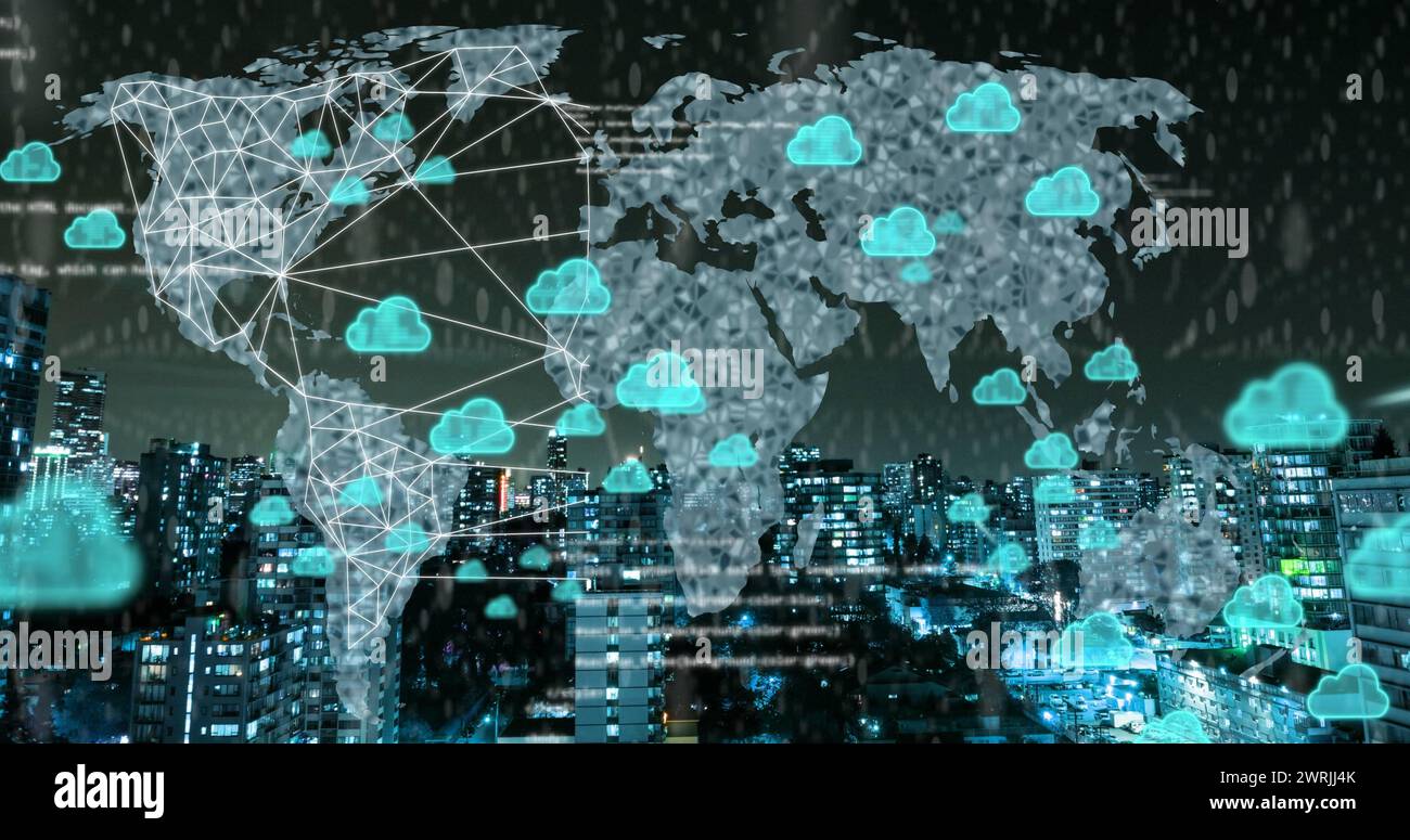Image of cloud icons and data processing over world map. Global connections, digital interface ...