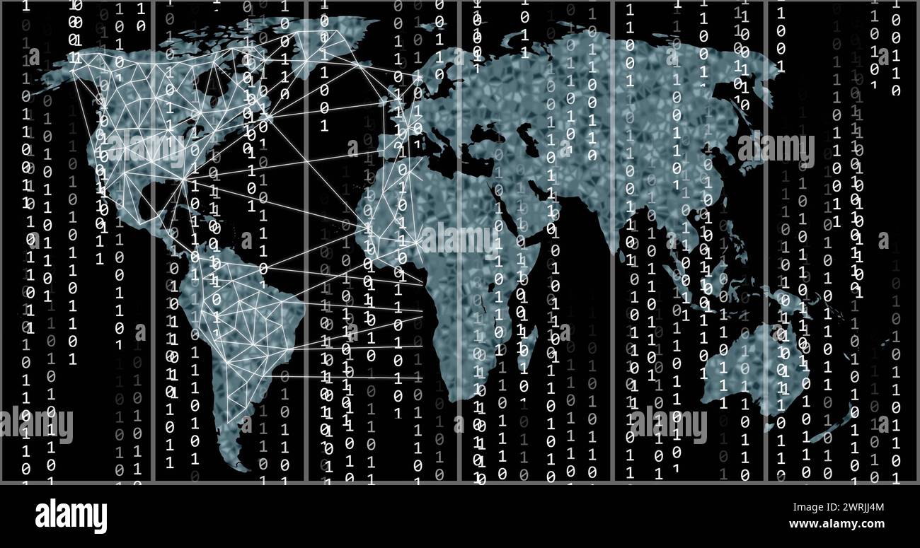 Image of binary coding and data processing over world map Stock Photo - Alamy