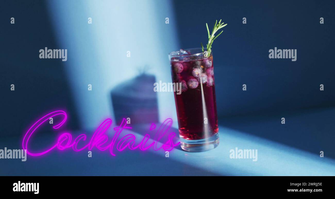 Image of cocktails neon text and cocktail on blue background Stock ...