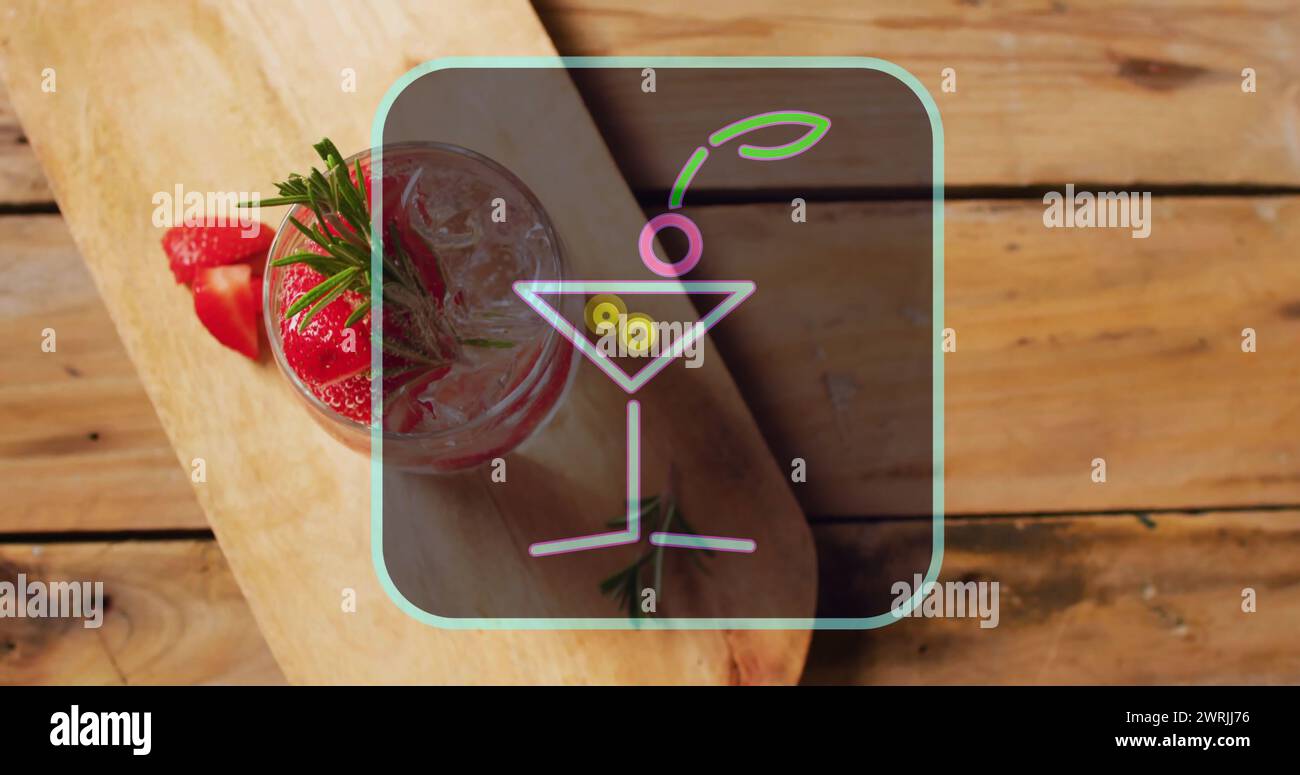 Image of neon cocktail icon and cocktail on wooden background Stock ...