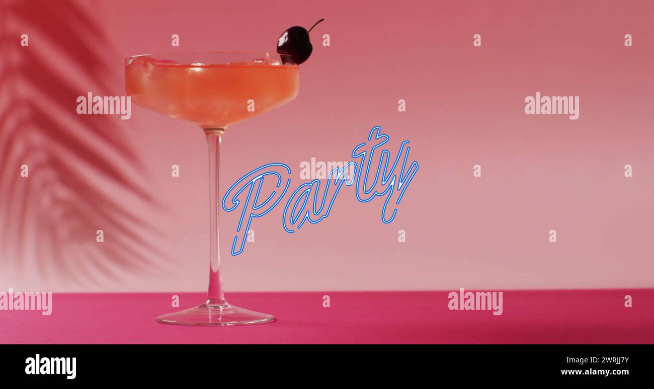 Image of party neon text and cocktail on pink background Stock Photo ...