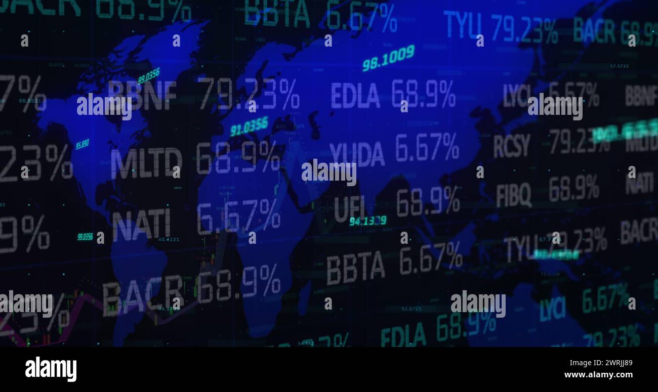 Image of financial data processing and stock market over world map ...