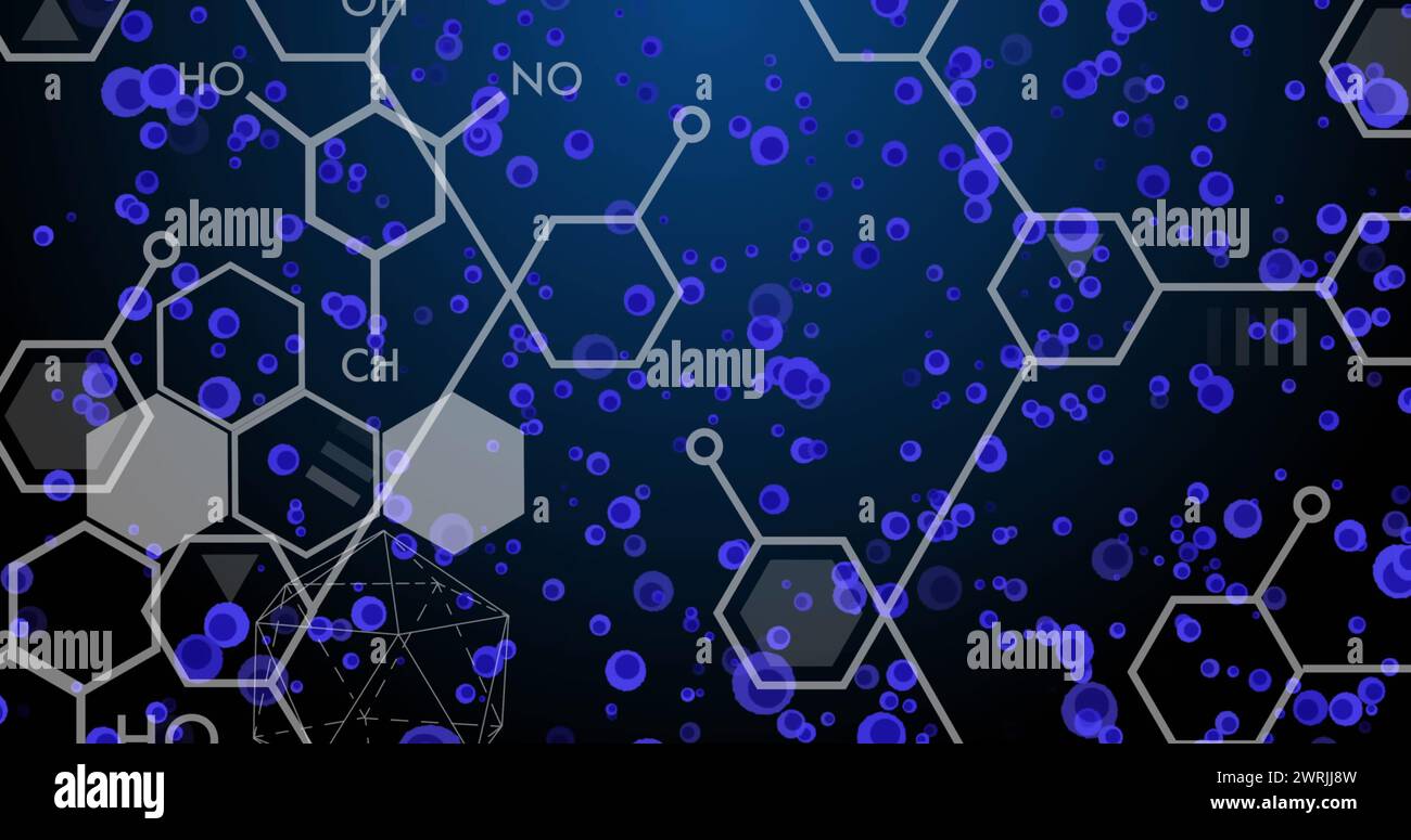 Image of chemical formulas over blue cells on navy background. Human ...