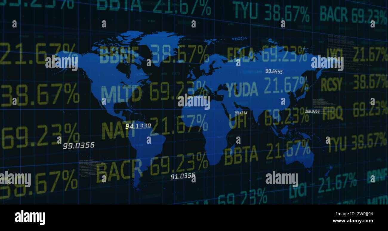 Image of statistics and numbers, financial data processing over world ...