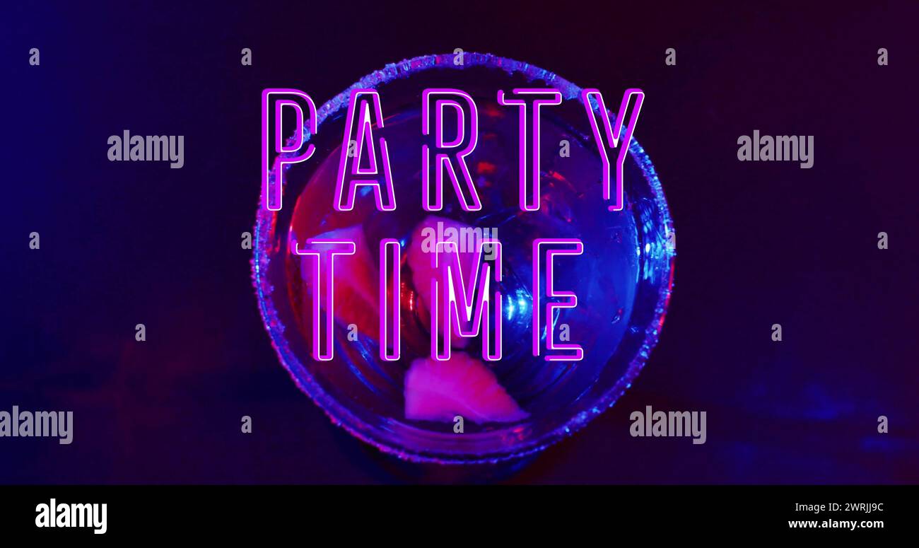 Image of party time neon text and cocktail on blue background Stock ...