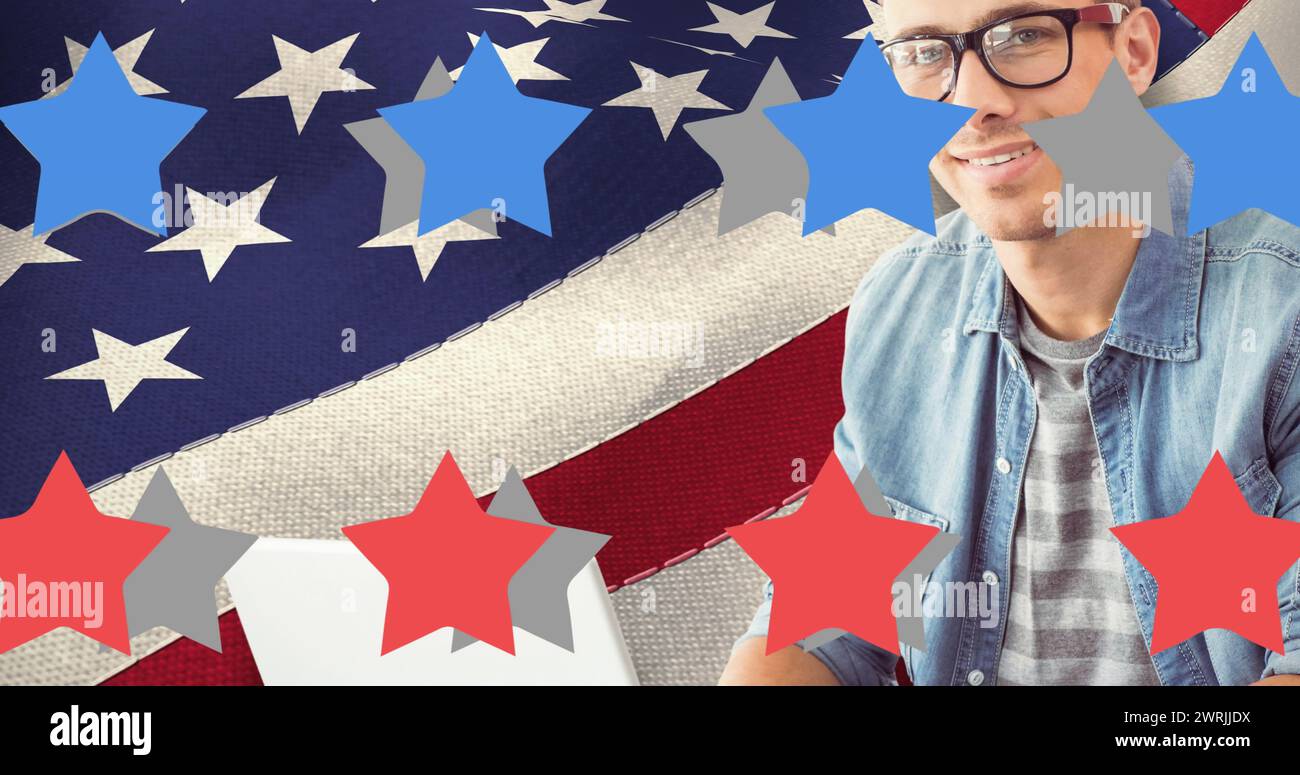 Image of man smiling and stars over american flag Stock Photo - Alamy