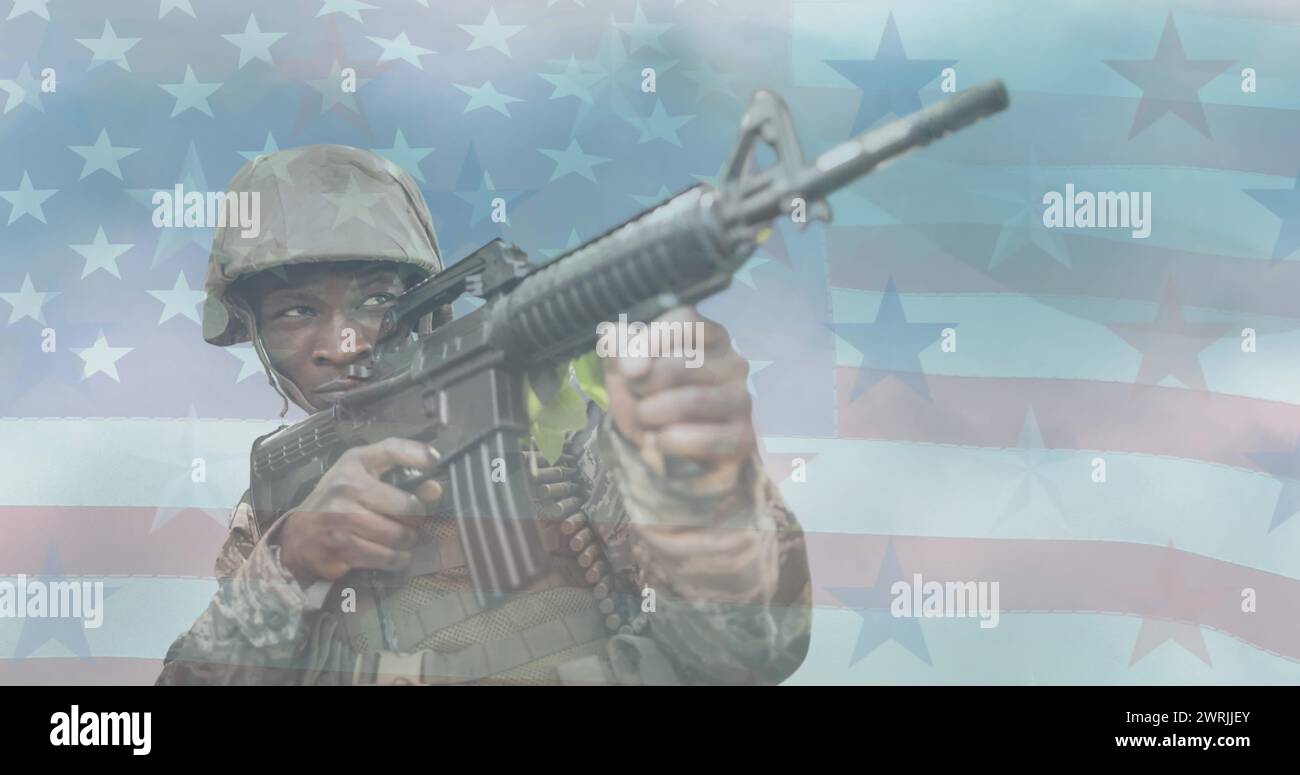 Image of soldier with gun over american flag Stock Photo - Alamy