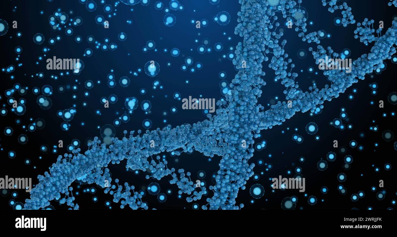 Image of dna over blue dots on navy background Stock Photo - Alamy
