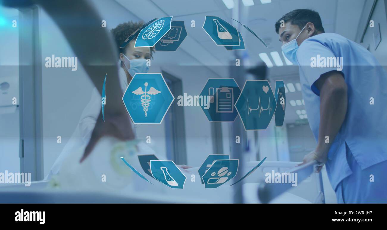 Image of globe made of hexagons with scientific icons over diverse ...