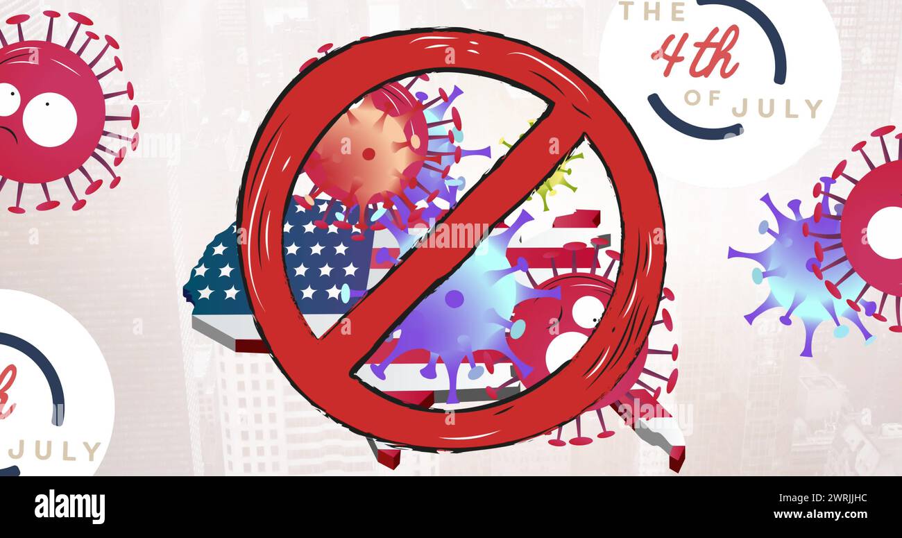 Image of prohibition sign and covid 19 virus cells over usa map ...