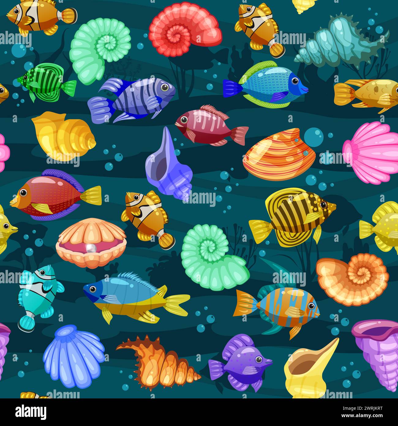 Tropical fishes, shells cartoon seamless pattern. Cute funny underwater ...