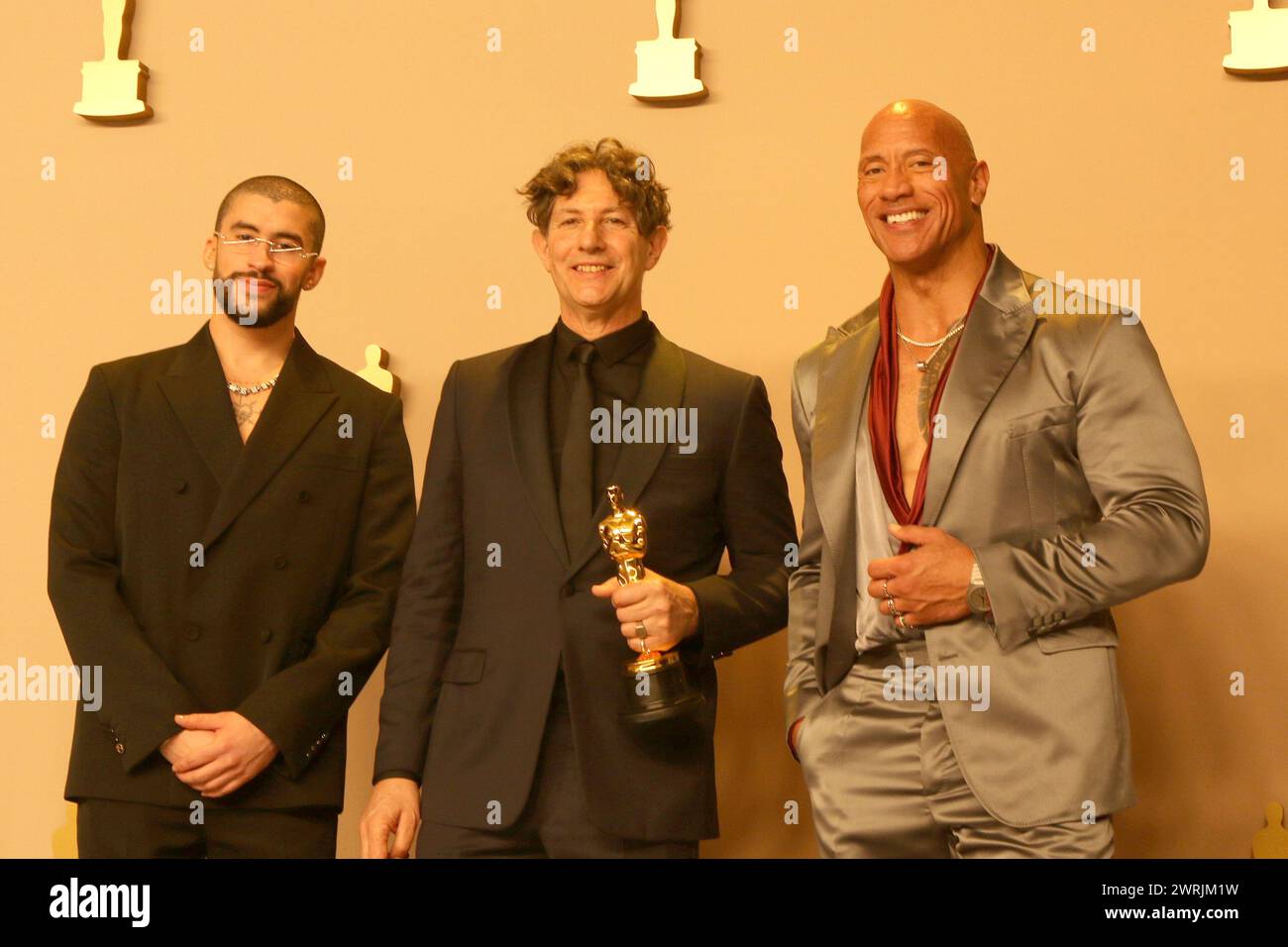LOS ANGELES - MAR 10: Bad Bunny, Jonathan Glazer, Dwayne Johnson at the ...
