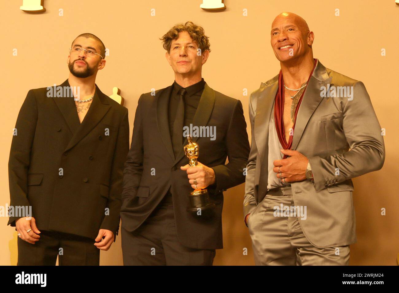 LOS ANGELES - MAR 10: Bad Bunny, Jonathan Glazer, Dwayne Johnson at the ...