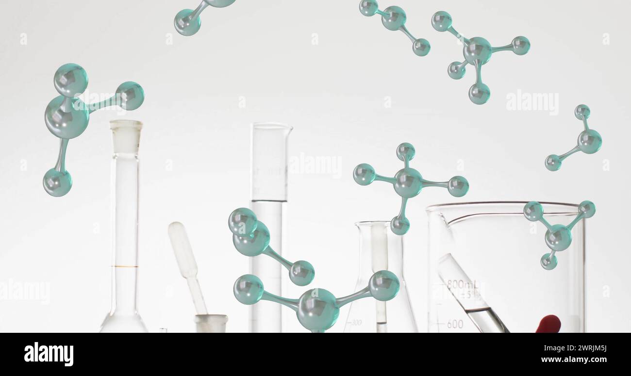 Image of molecules over laboratory dishes on white background Stock ...