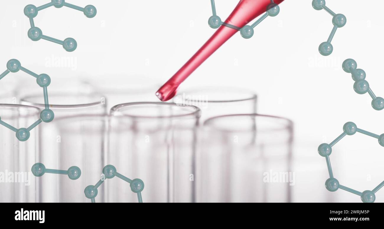 Image of chemical structures over laboratory dishes on white background ...