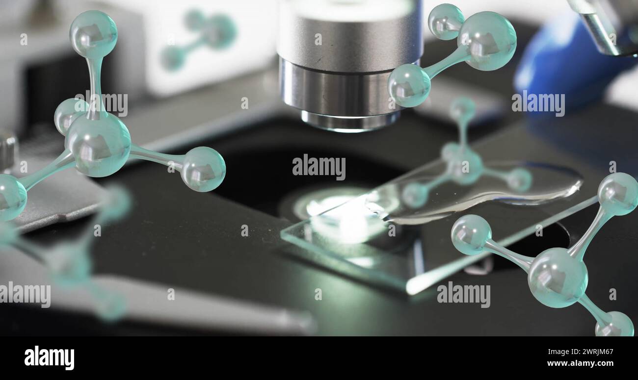 Image of chemical molecules over laboratory microscope on white ...
